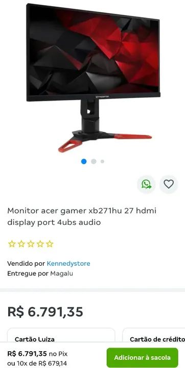 Monitor Gamer Acer XB271HU 165hz Hdmi G-sync 27 polegadas - Monitores ...