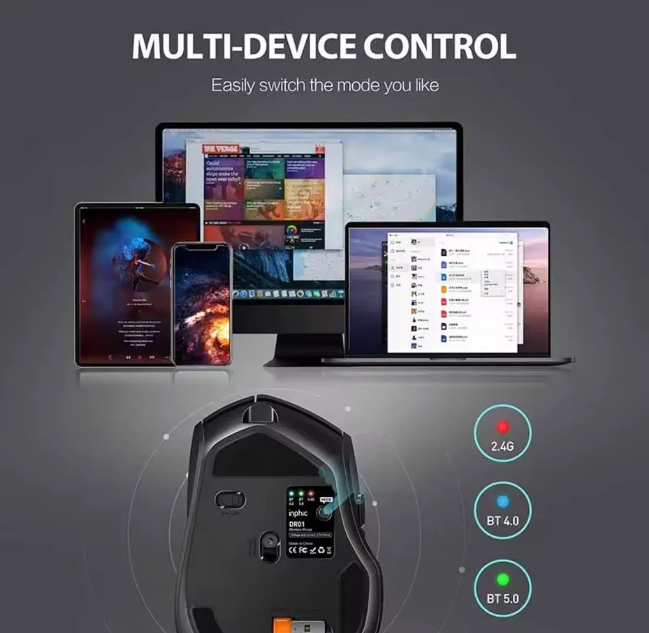 Mouse sem fio Inphic DR01 recarregável Bluetooth+ 2,4 GHz - Periféricos e Acessórios de ...