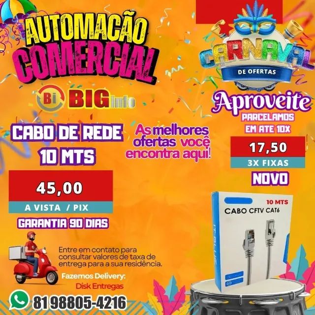 Cabo de Rede 10 Metros CAT 6 RJ45 macho 10/100/1000 gigabits ...