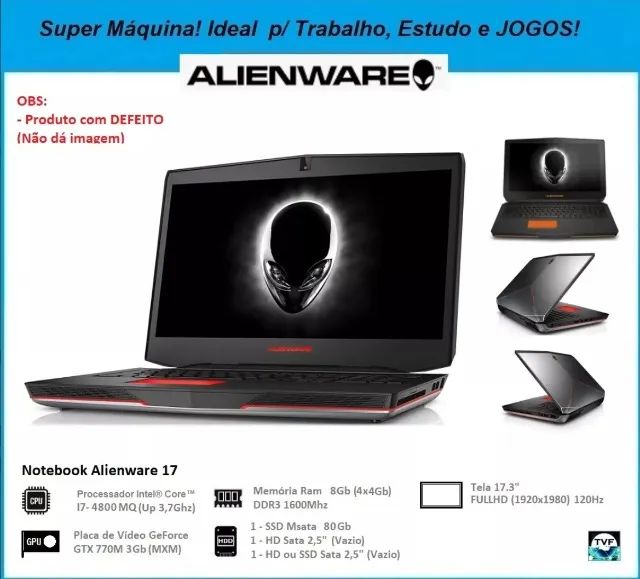 Notebook Top Gamer Alienware 17" 120hz I7 Geforce Mxm Gtx 770m (Defeito ...