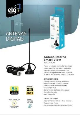 Antena Analógica/Digital Interna Smart View 4K HDR com Cabo Coaxial de ...