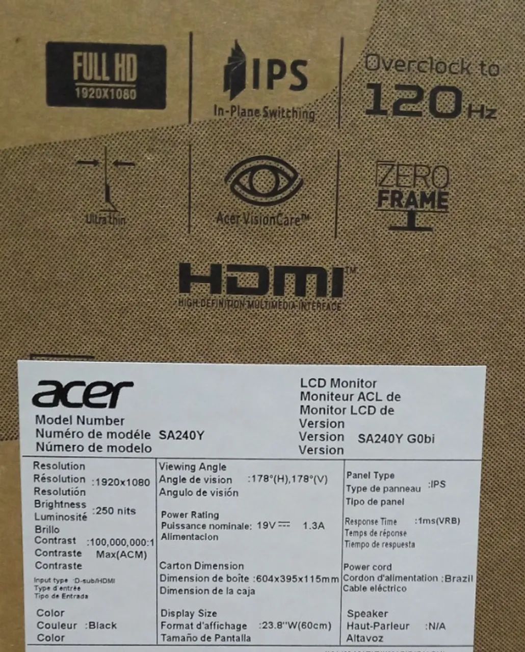 Monitor Acer SA240Y - 23.8 polegas, 120 hertz, 1ms de resposta e 100% ...