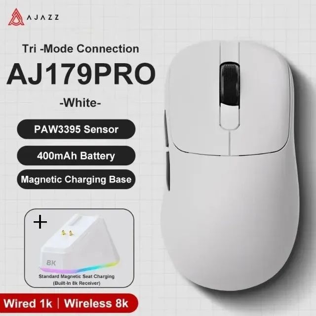 Mouse Sem Fio Ajazz AJ179 Pro 8K + Base de Carregamento, Tri-mode, PAW3395, Gamer - [Novo ...