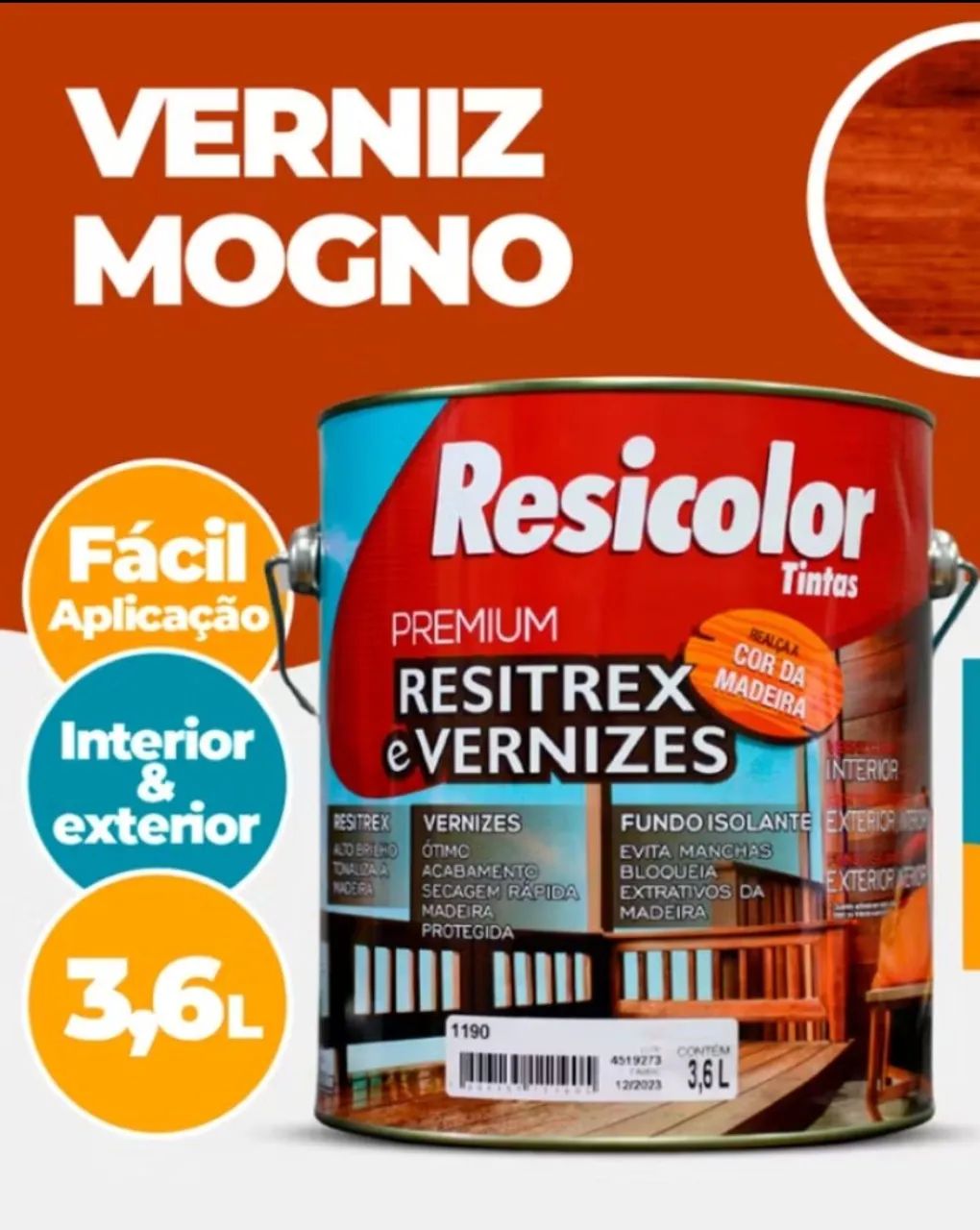 Verniz para Madeira Lata 3,6 litros Brilhante Cor Mogno Resicolor ...