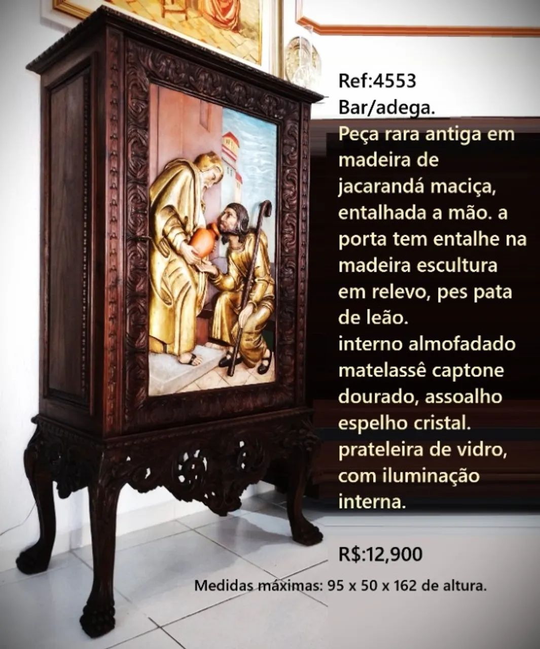 Movel estilo barroco em madeira de jacarandá maciça, peça grande, toda ...