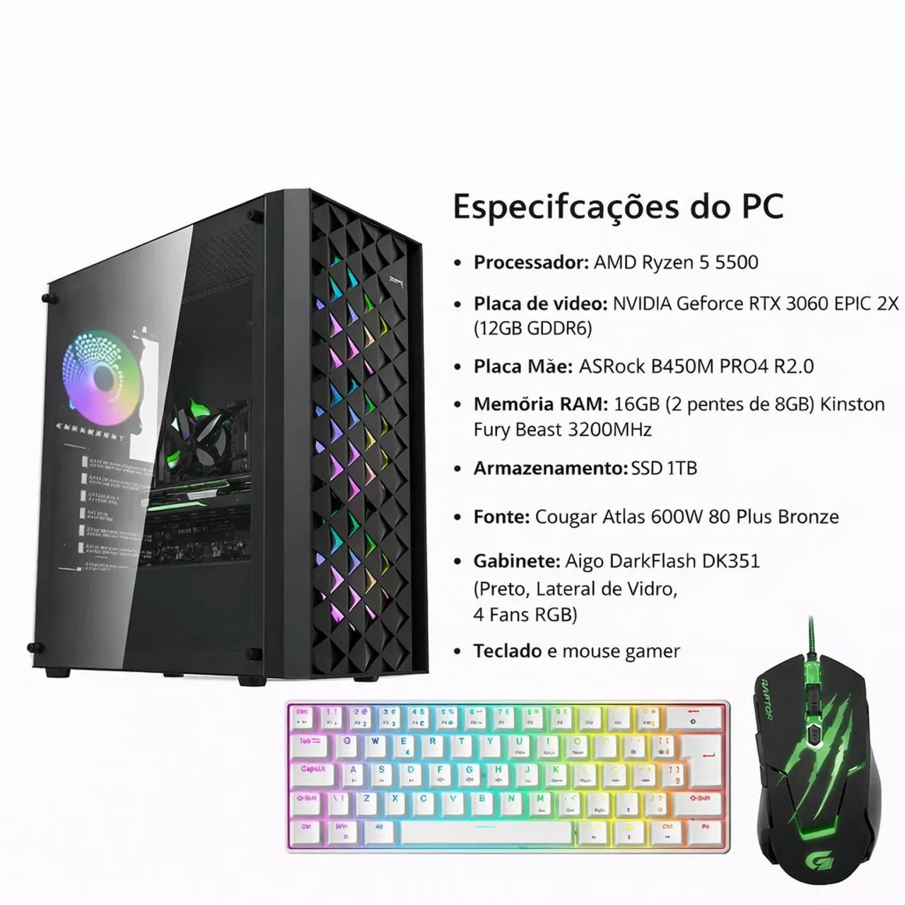 PC GAMER - RTX 3060 12GB - 16GB RAM - 1TB SSD + TECLADO E MOUSE GAMER ...