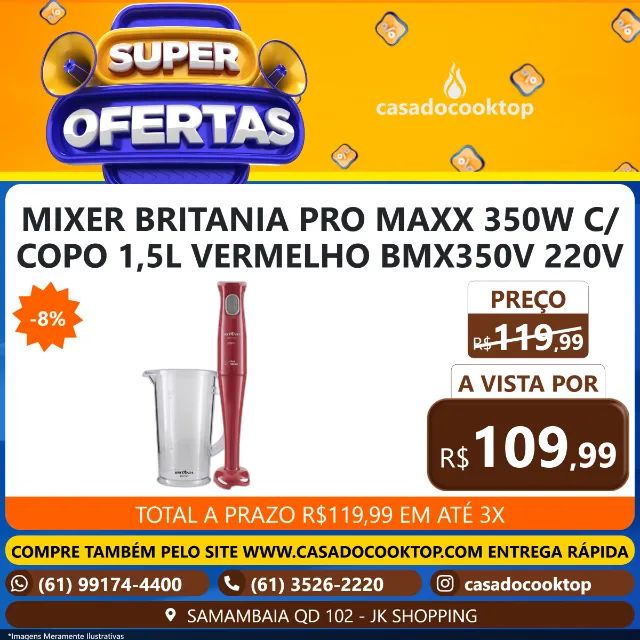 MIXER BRITANIA PRO MAXX 350W C/ COPO 1,5L VERMELHO BMX350V 220V ...