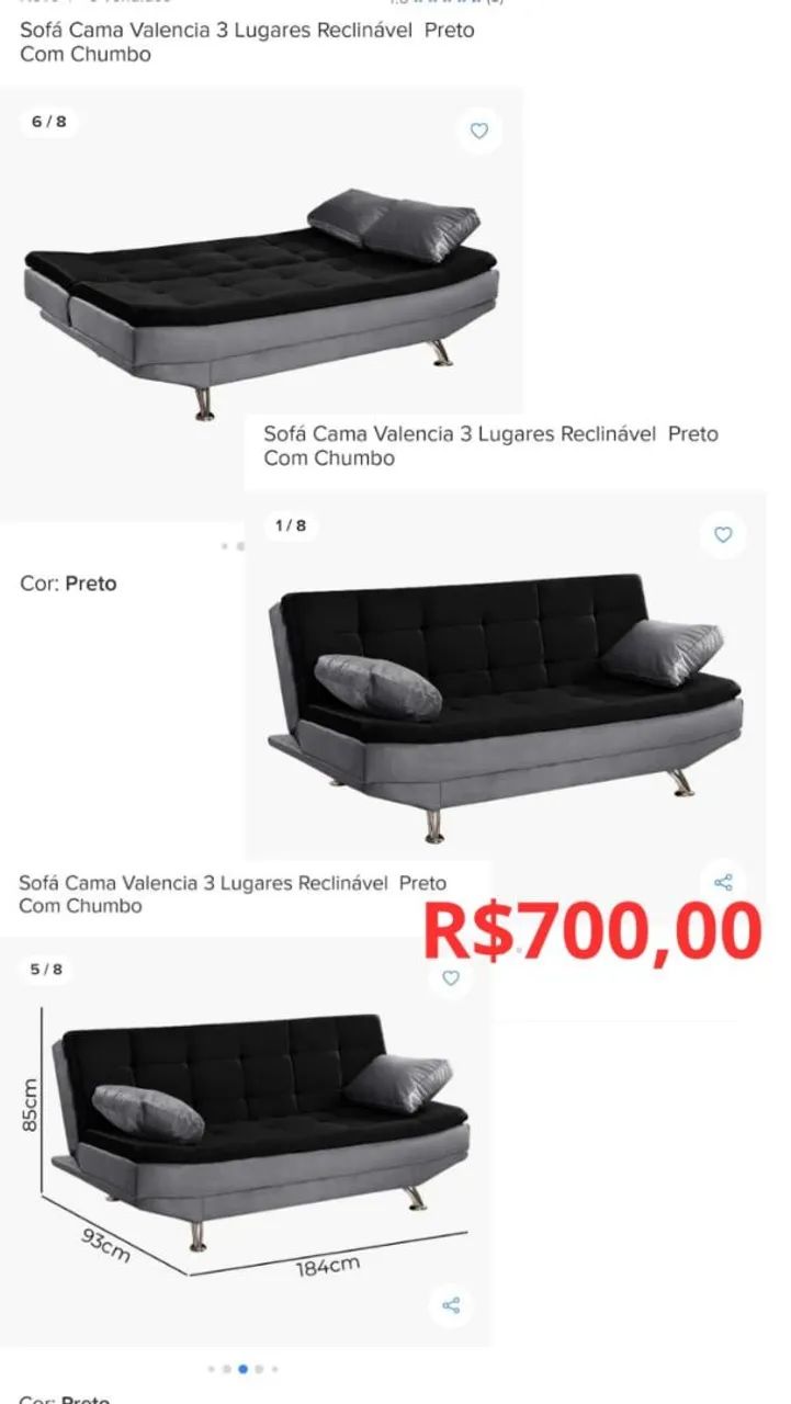 Sofá Cama Valencia 3 lugares Reclinável Preto Com Chumbo - Sofás e Poltronas - Indianópolis, São ...