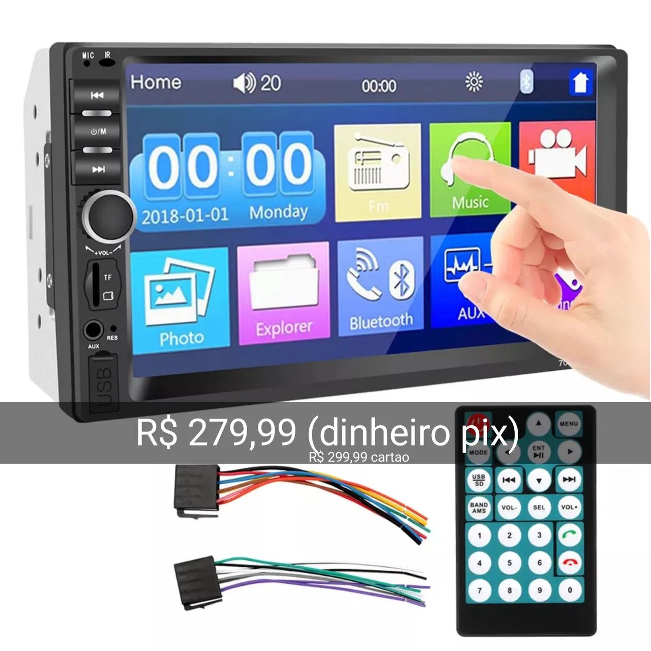 Central Multimídia dvd 7 Polegadas Tela Touch Bluetooth Rádio som carro ...