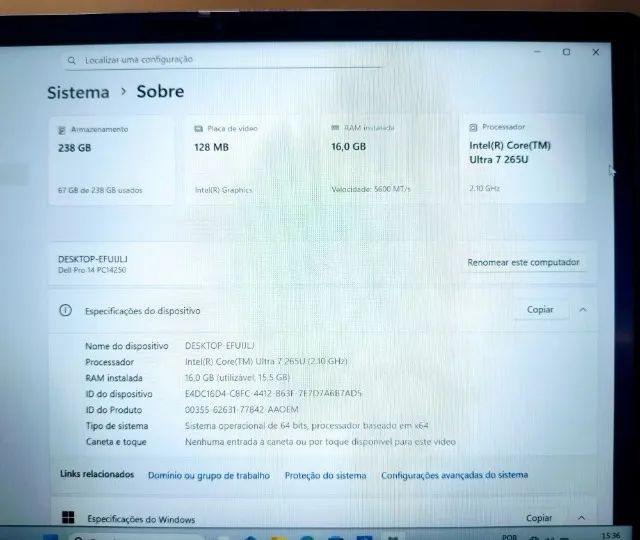 Notebook Dell Pro 14 Core Ultra 7-265U 16gb Ram Ddr5 Ssd 256gb NVMe AI ...