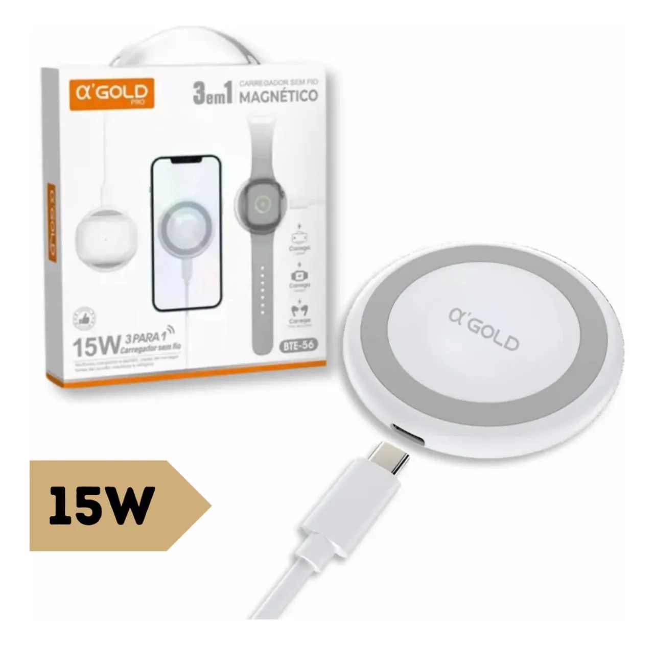 Carregador Magnético 3 em 1 para Smartwatch, Celular e Fones de Ouvido - Novo