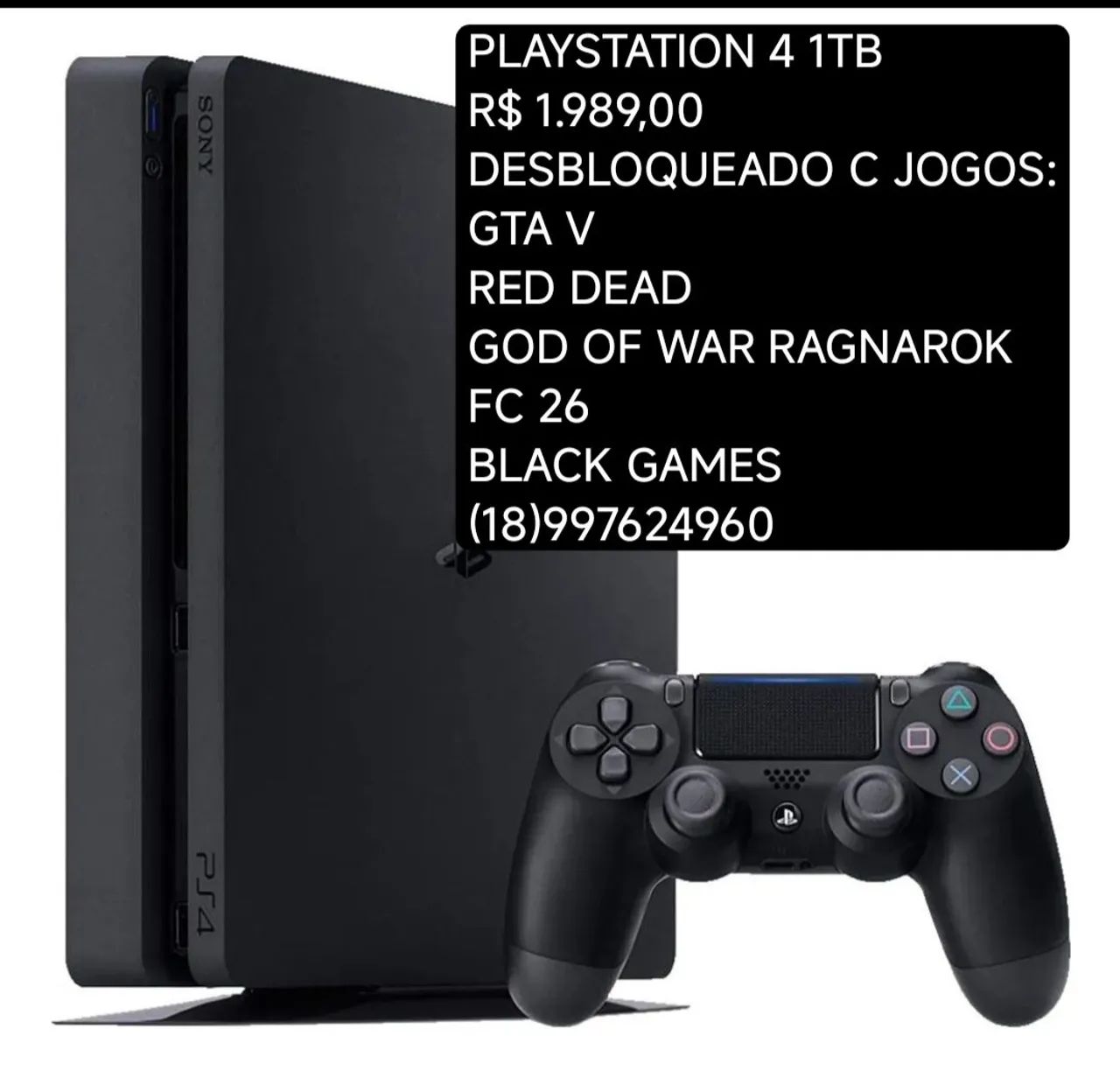PLAYSTATION 4 1TB DESBLOQUEADO C JOGOS FC 26 GTAV RAGNAROK RED DEAD R ...
