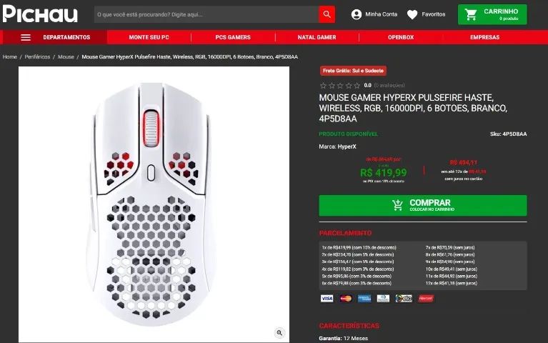 MOUSE GAMER SEM FIO HYPERX HASTE 6 BOTOES PRETO - Periféricos e ...