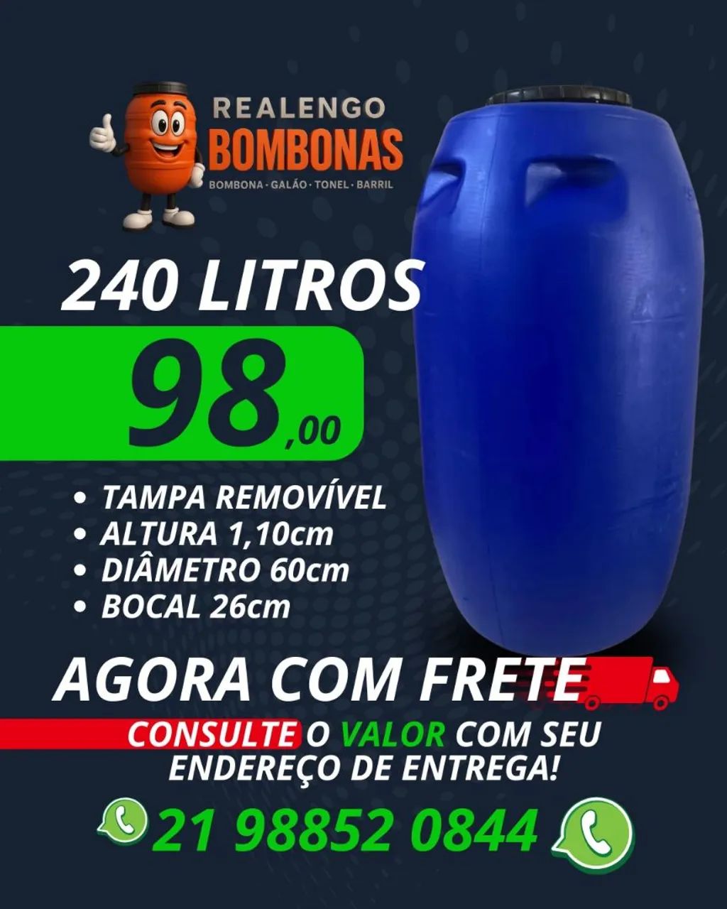 Bombona, Galão, Tonel, Barril, Tambor, Bombonas 240 litros com tampa para água, obras ...