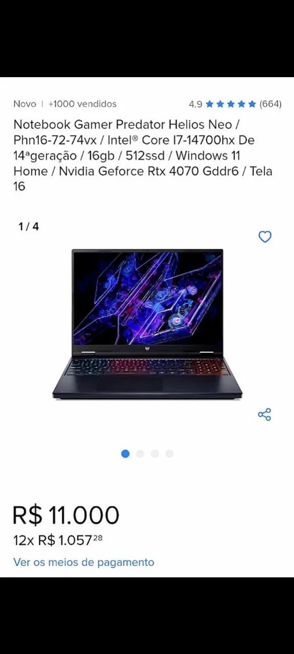 Notebook gamer Predador hélios neo Rtx 4070 - Notebooks - Santa Lúcia ...