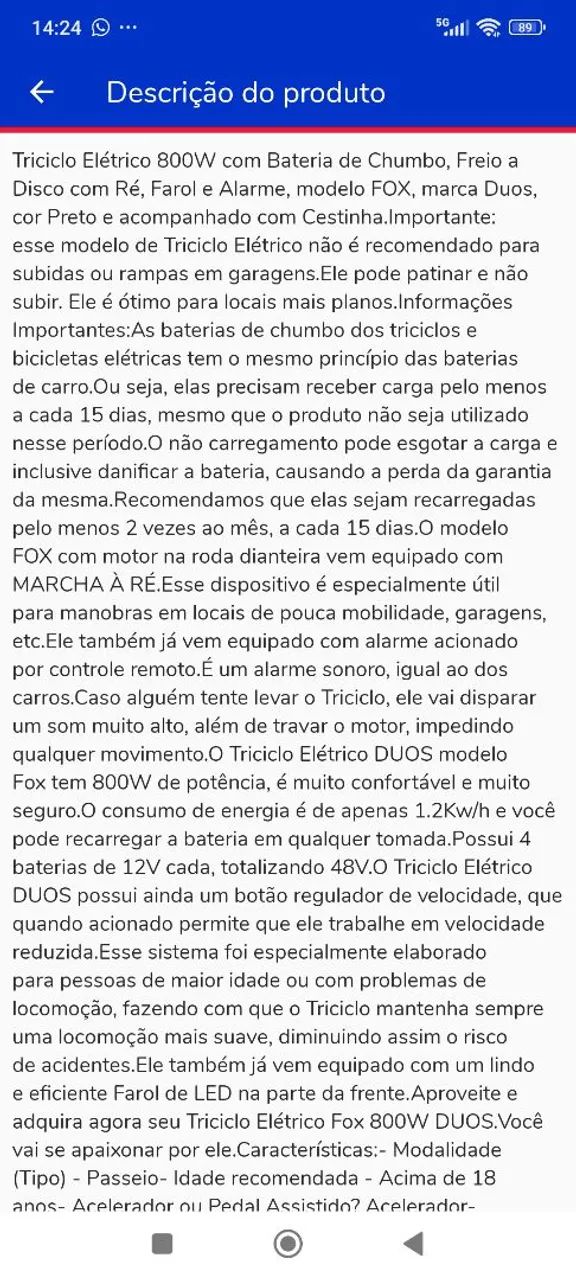 Triciclo elétrico 800w marcha ré e farol led e alarme - Ciclismo ...