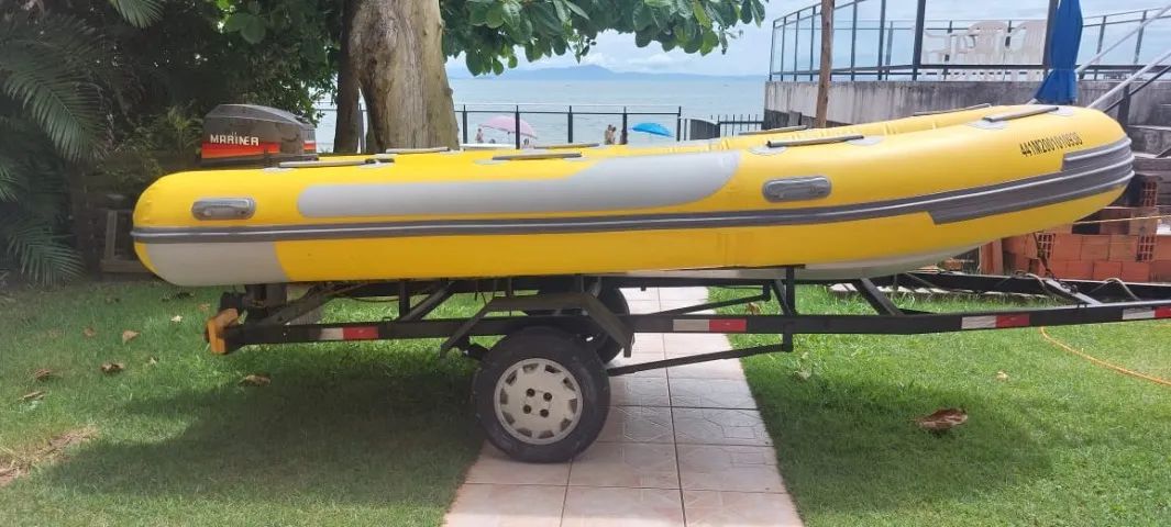 Bote inflável casca de fibra de vidro 14 pés motor Mariner 25HP ...