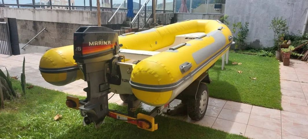 Bote inflável casca de fibra de vidro 14 pés motor Mariner 25HP ...