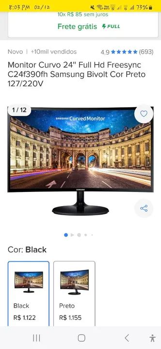 Monitor Curvo Samsung 24 polegadas Full HD Freesync C24F390FH ...