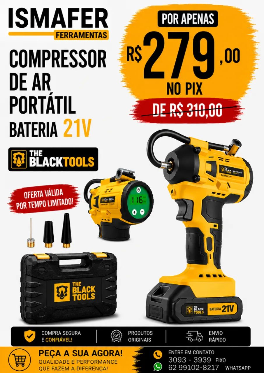 COMPRESSOR DE AR A BATERIA 21V THE BLACK TOOLS - TCT21B - Ferramentas ...