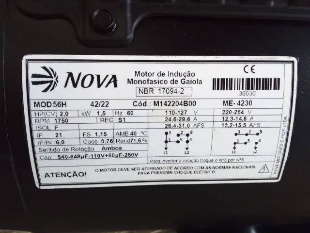 Motor Elétrico Nova Motores Monofásico 2 cv - 4 pólos Baixa rotação ...
