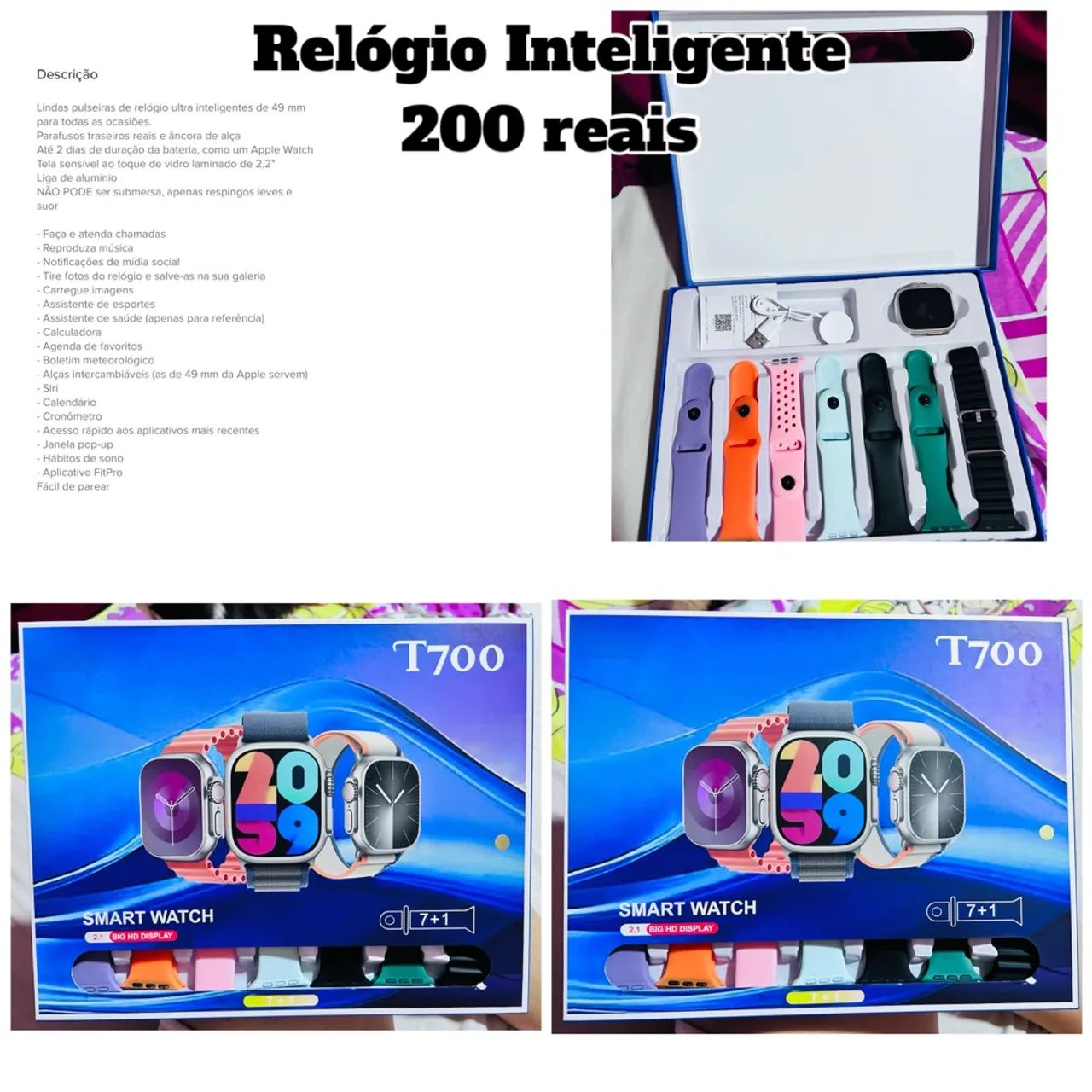 Smartwatch T700 com Tela Grande e 7 Pulseiras - Smartwatches - Cidade ...