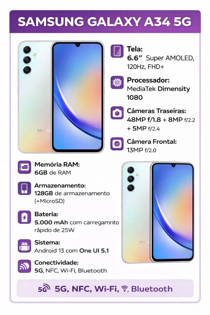 Celular Samsung Galaxy A34 5G 128gb carregador rápido 25W - Excelente ...