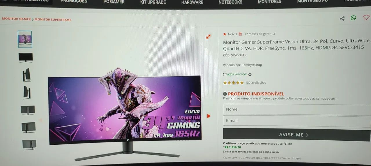 Monitor Gamer SuperFrame Vision Ultra 34 polegadas Curvo UltraWide ...