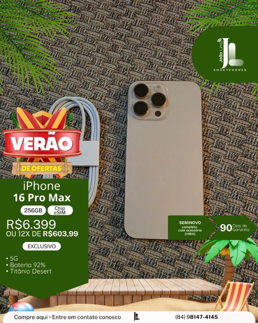 IPHONE 16 PRO MAX, 256GB, CHIP ESIM, TITÂNIO DESERT, SEM CAIXA ...