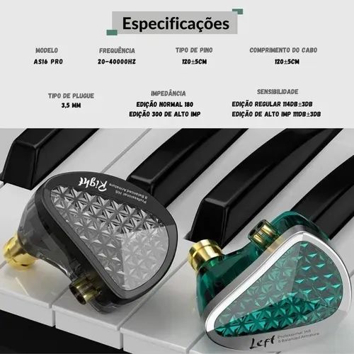 FONE PARA RETORNO DE PALCO KZ AS16 PRO S/MIC CYAN/BLACK - Fones de ...