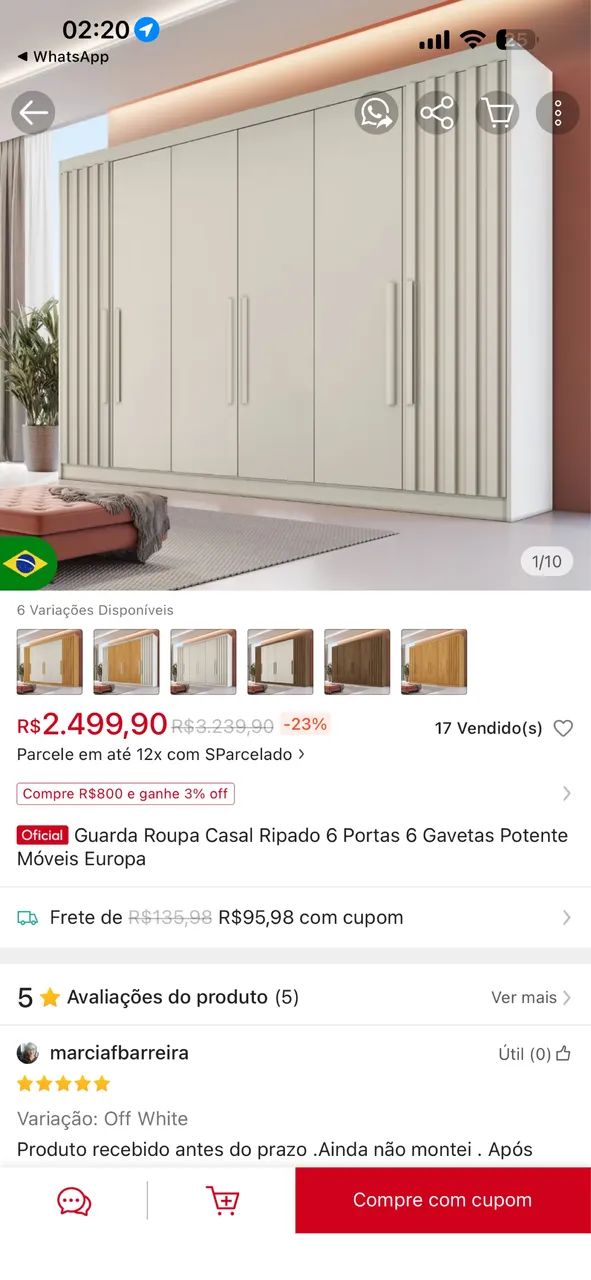 Vendo Guarda Roupa Casal Ripado 6 Portas 6 Gavetas Potente Móveis ...