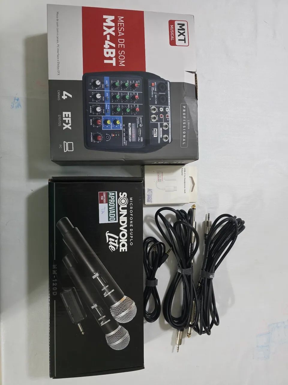 Mesa de som MX-4BT + Par de microfone sem fio Soundvoice Lite + Cabos ...