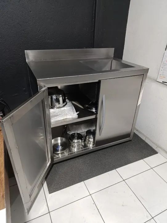 Armário de inox para cozinha industrial com bojo; pia; prateleira ...