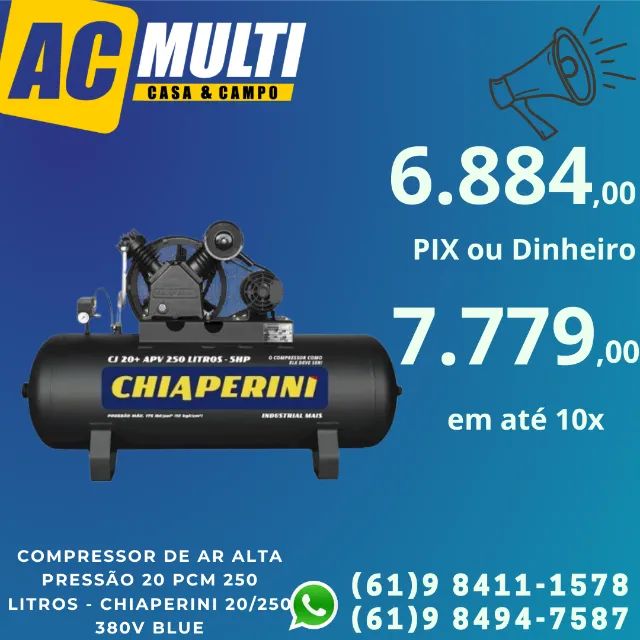 Compressor de ar alta pressão 20 pcm 250 litros - Chiaperini CJ 20+ APV 250L - Carros, vans e ...