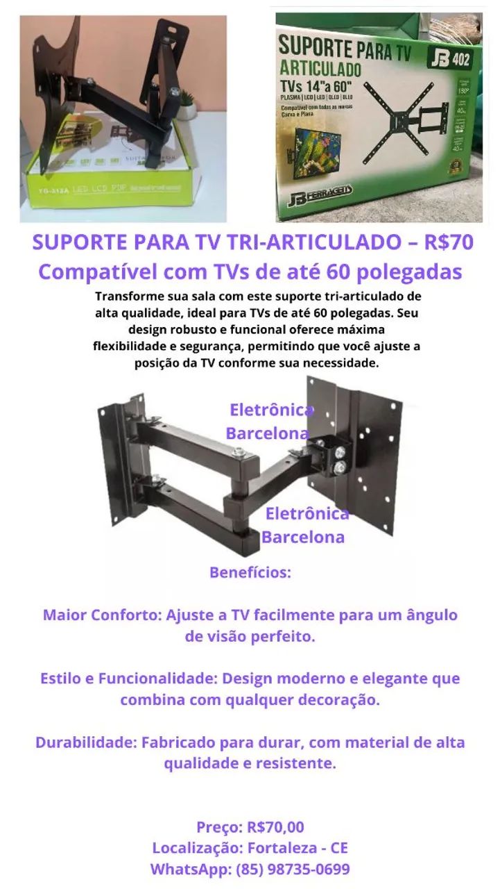 Suporte para TV Tri-articulado até 60 polegadas - R$70 - Peças e ...